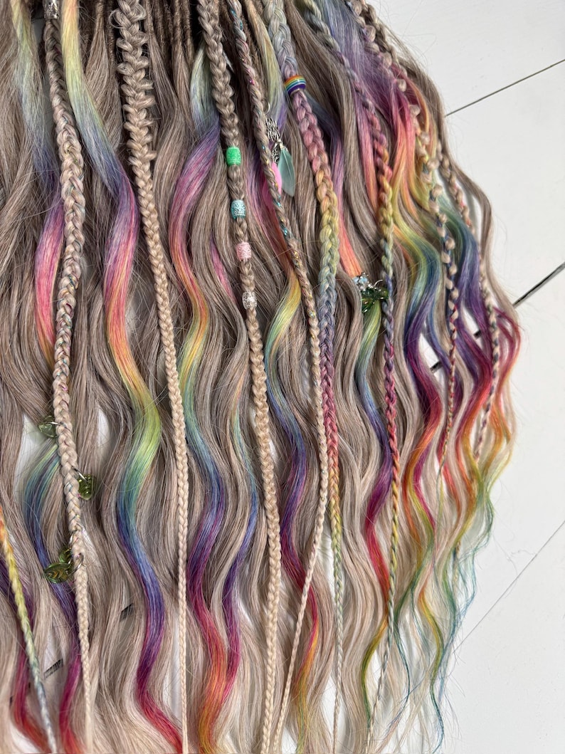 Rainbow and Platinum Blonde Curly Dreadlock Set – Boho Faux Locs With ...