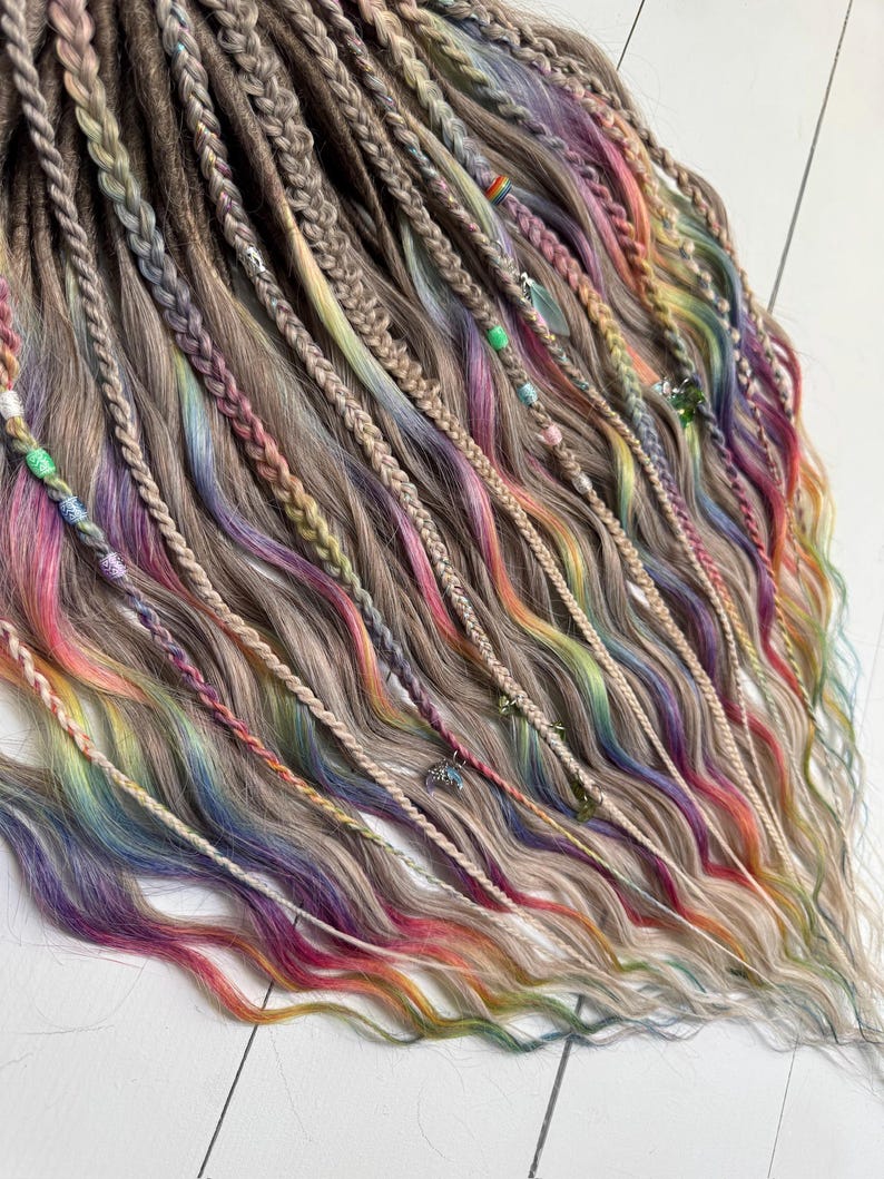 Rainbow and Platinum Blonde Curly Dreadlock Set – Boho Faux Locs With ...