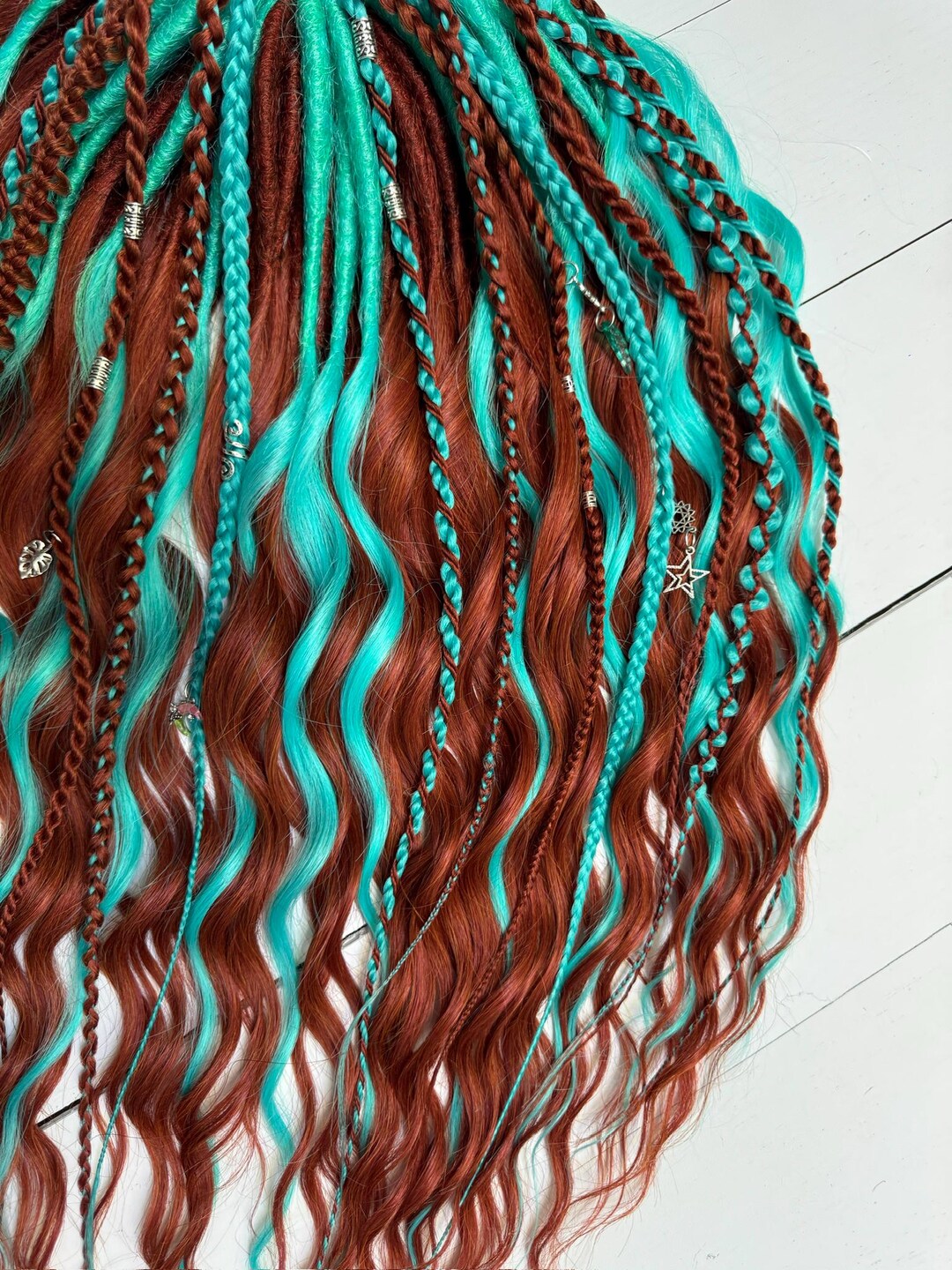 Curly Turquoise and Copper Dreadlock Set – Boho Faux Locs With Braids ...