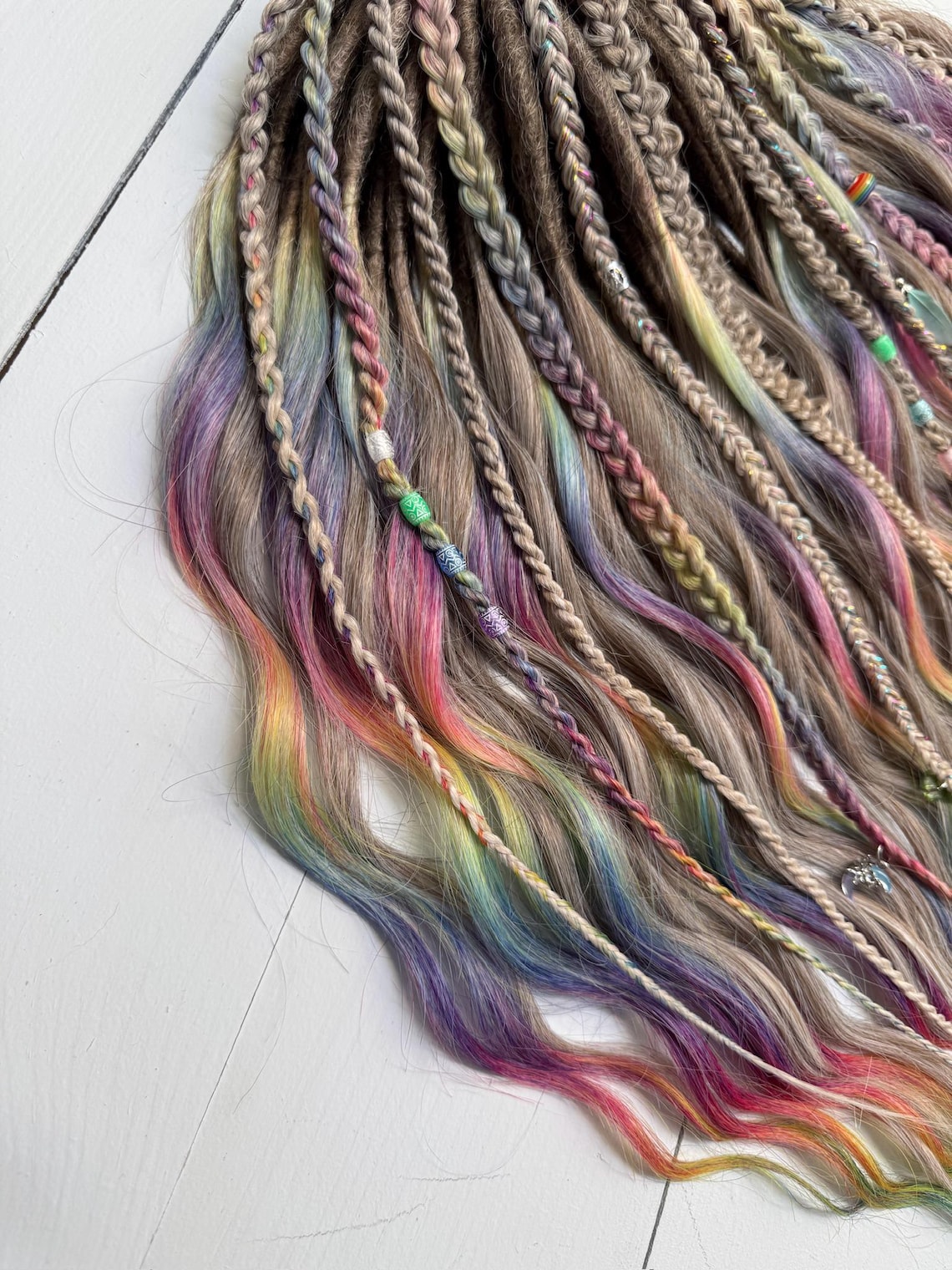 Rainbow and Platinum Blonde Curly Dreadlock Set – Boho Faux Locs With ...