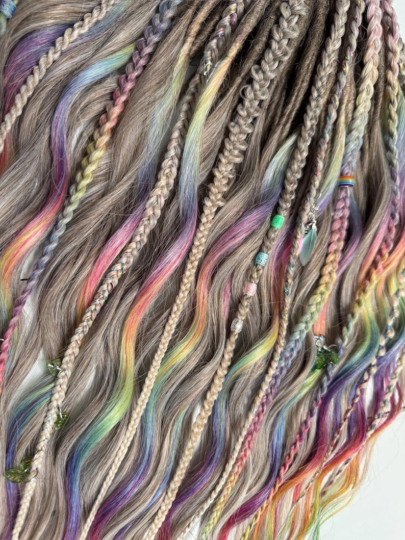 Rainbow and Platinum Blonde Curly Dreadlock Set – Boho Faux Locs With ...