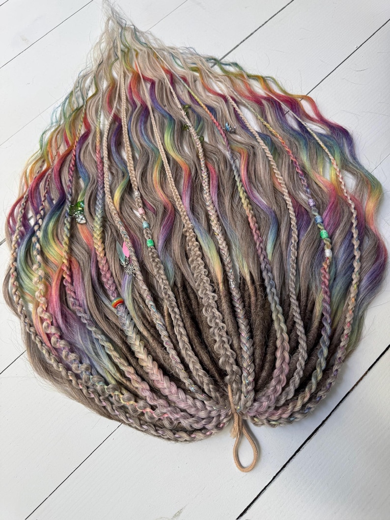 Rainbow and Platinum Blonde Curly Dreadlock Set – Boho Faux Locs With ...