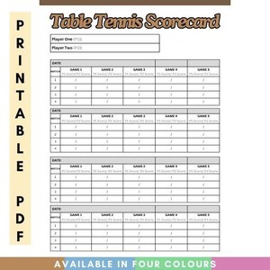 Printable A4/A3 Amateur Table Tennis Scorecard Available in 4 Color ...
