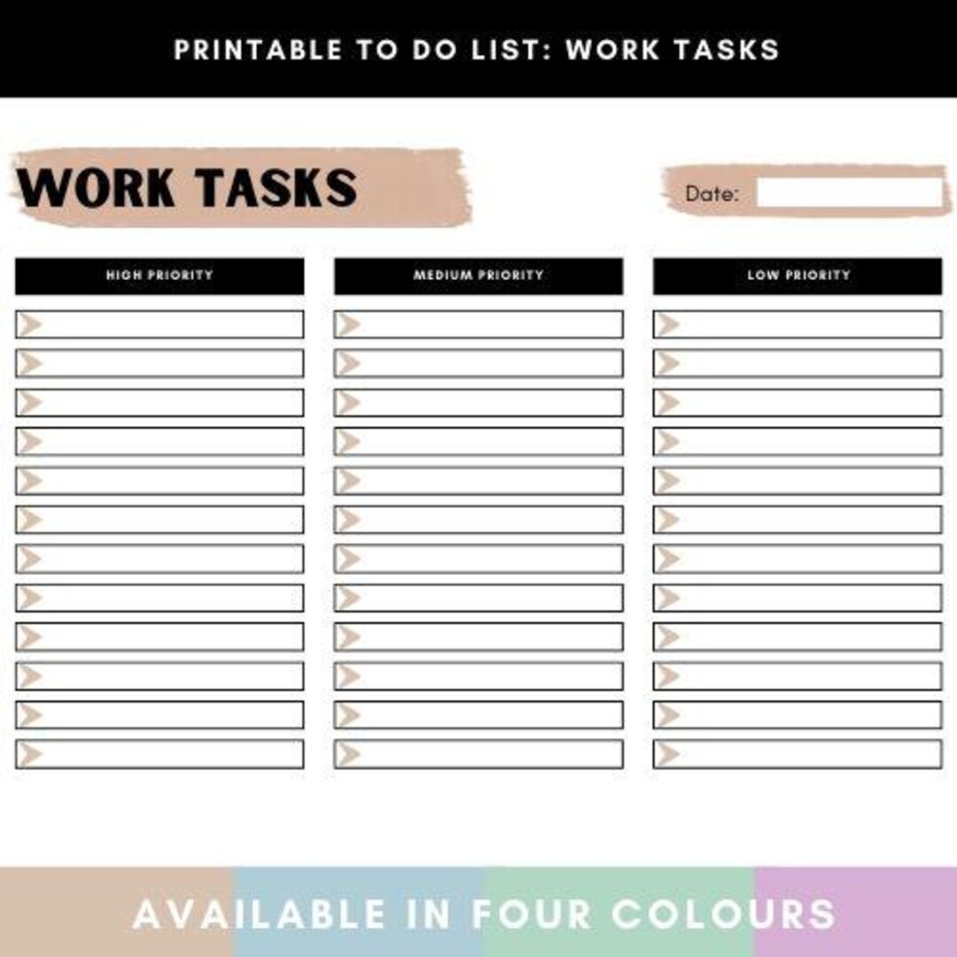 Work Tasks: Printable A4/A3 To-do Lists in 4 Color Options - Etsy