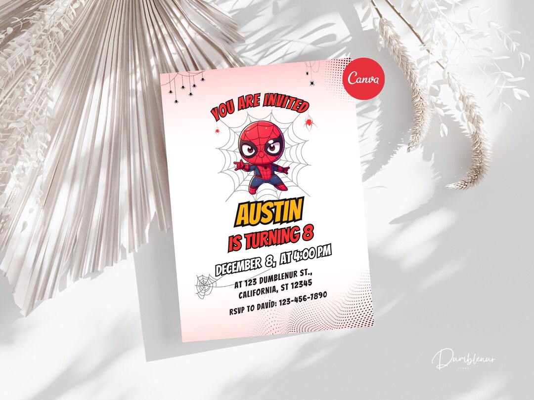 Editable Spider Themed Birthday Invitation Template, Printable Birthday ...