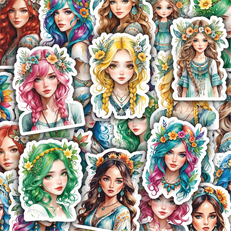 Boho Flower Girl Sticker Pack of 30 – Aesthetic Girl Stickers ...