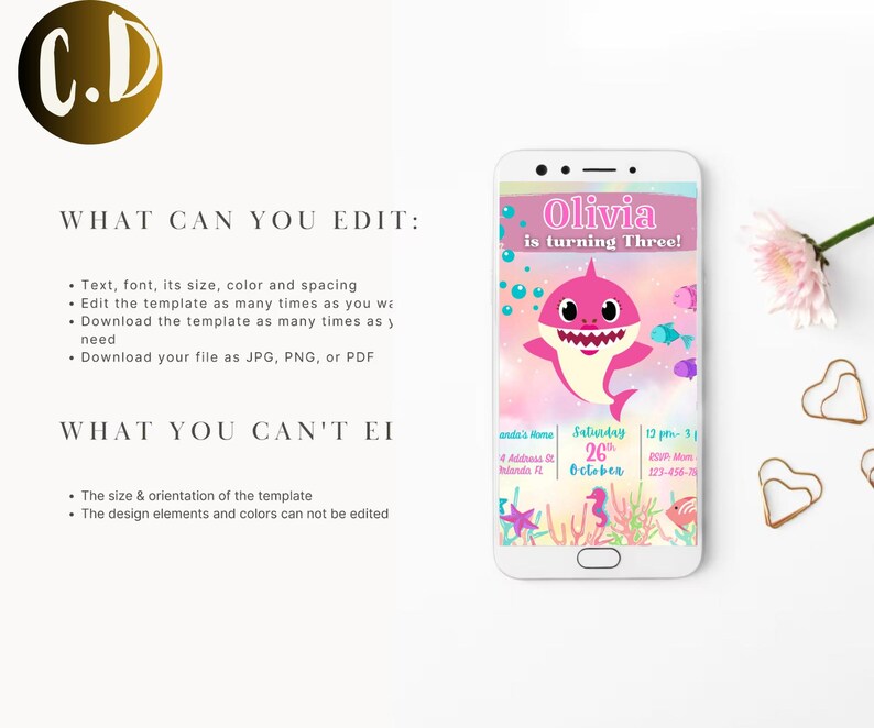 Editable Baby Shark Birthday Invitation, Cute Bday Card Party Invite ...