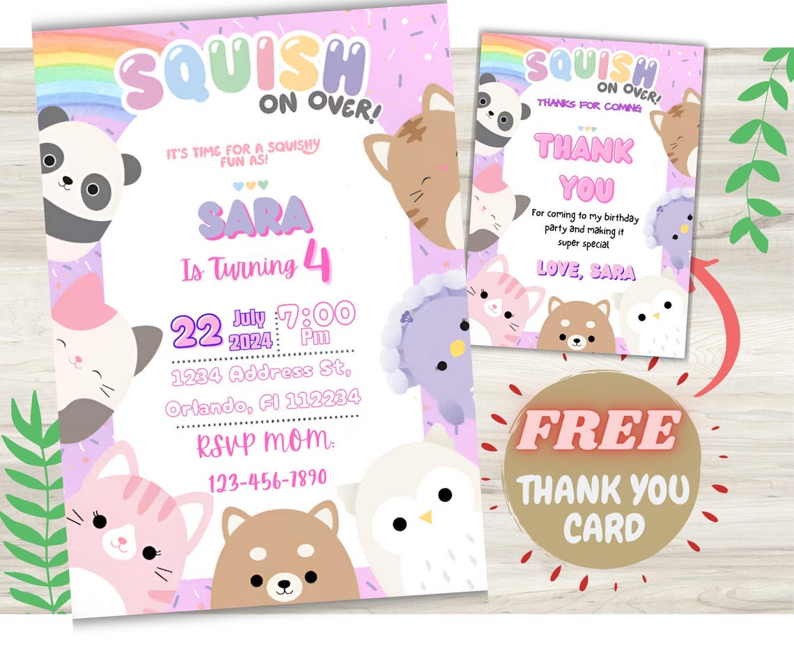 Editable Squishmallow Birthday Invitation, Squishmallow Invitation ...