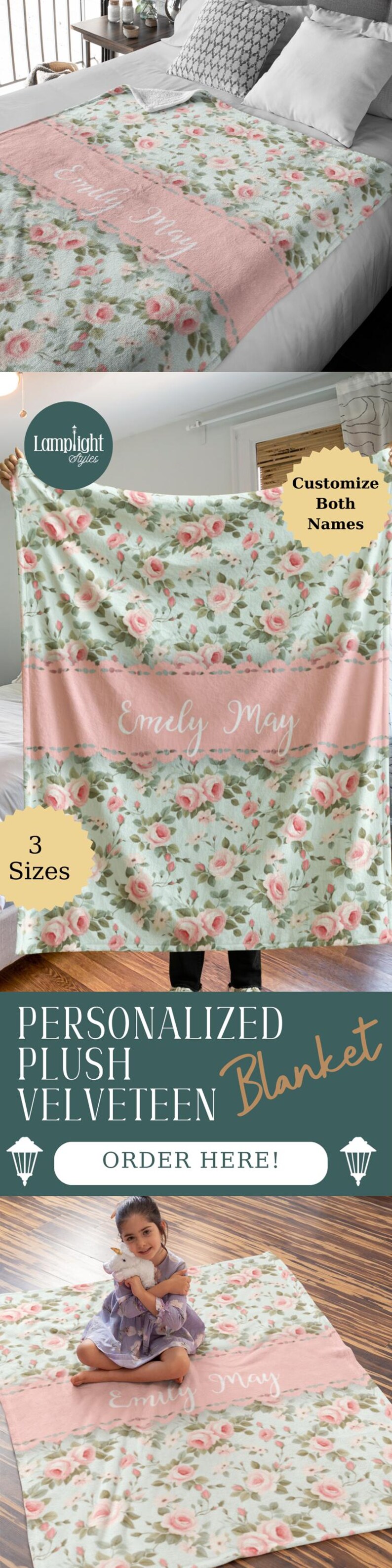 Personalized Rose Tween Blanket Teen Girl Toile Floral Gift Idea Tween ...
