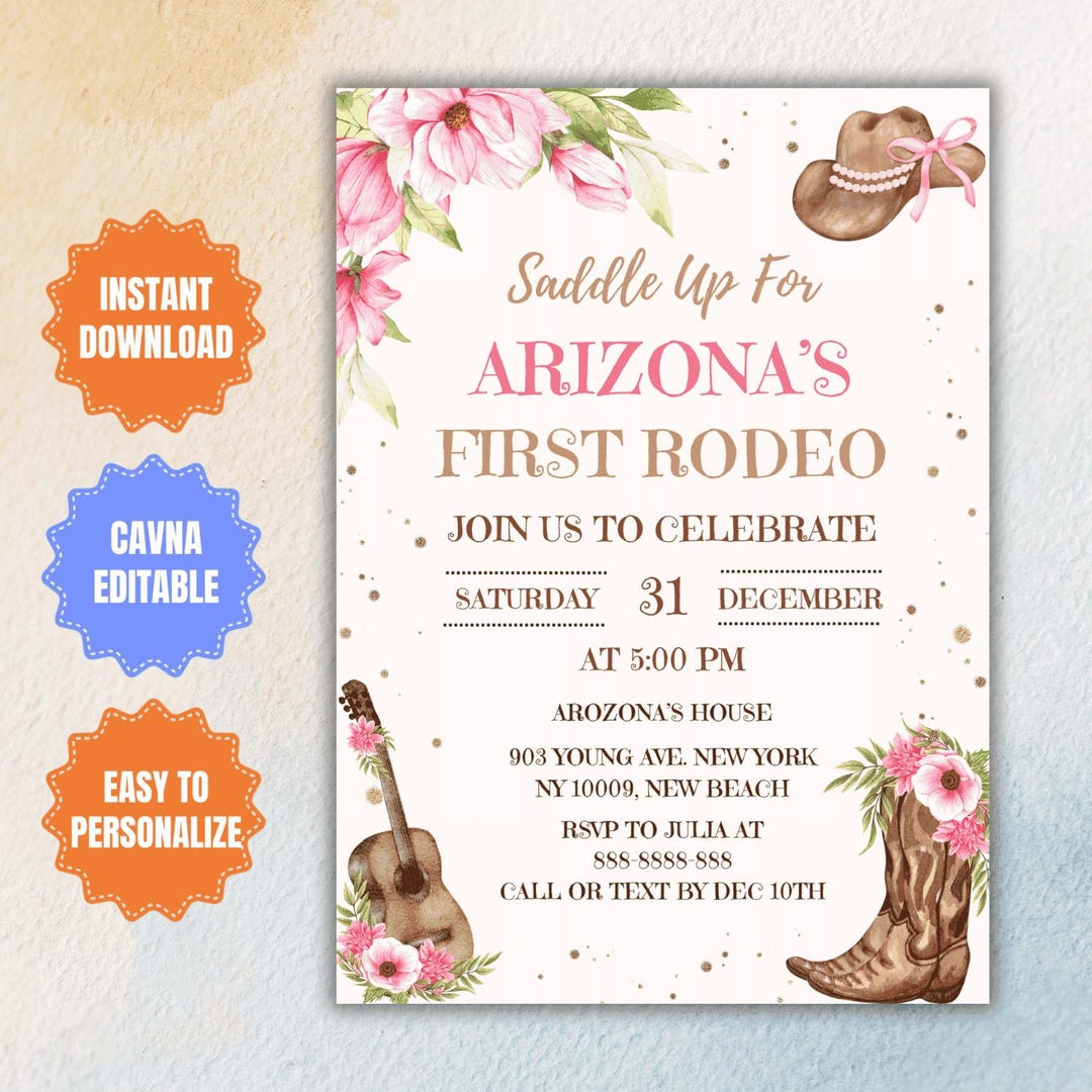 Editable First Rodeo Birthday Invitation Template, Floral Rodeo Western ...