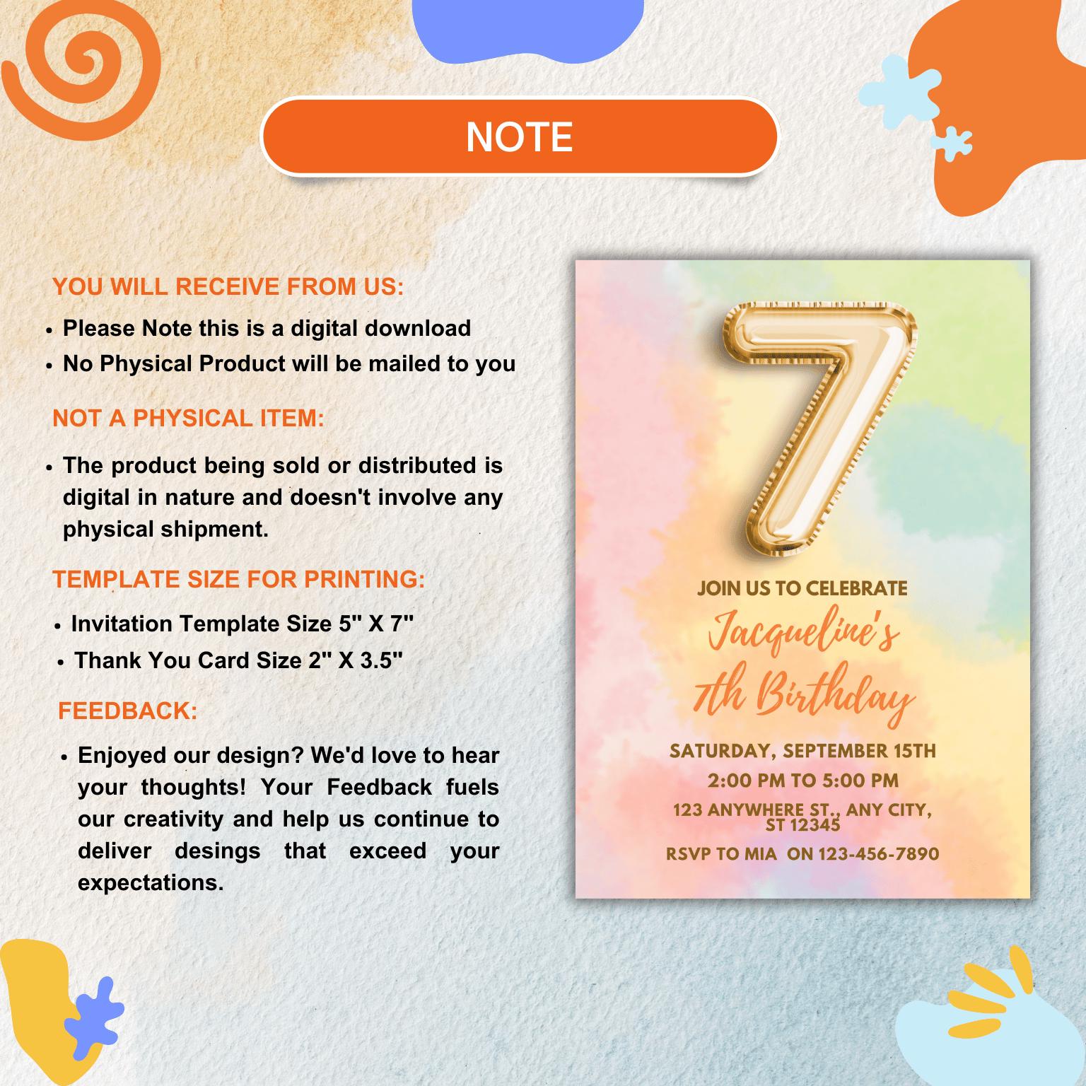 Editable 7th Birthday Invitation Template, 7th Birthday Party Girls ...