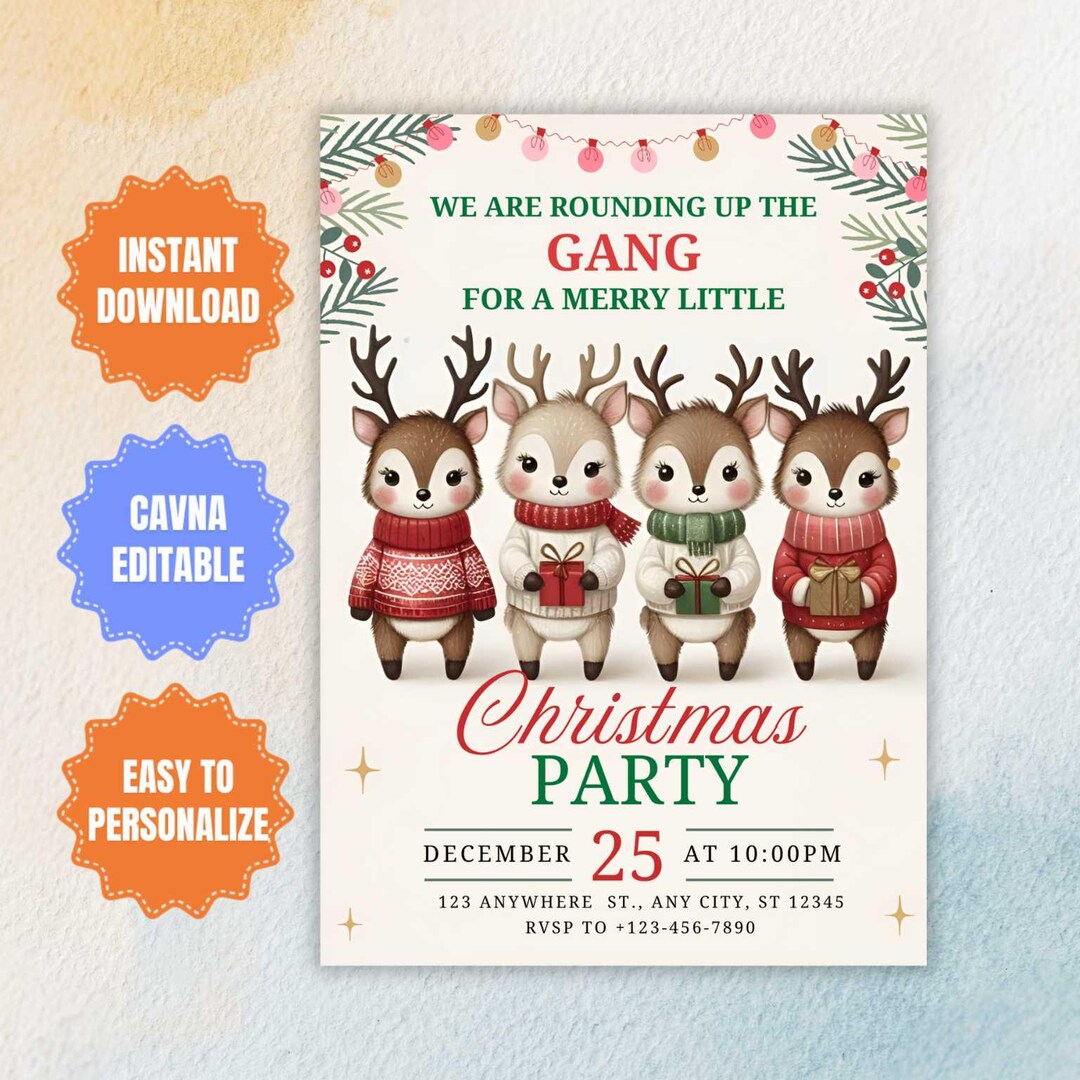 Editable Reindeer Christmas Invitation, Rudolph Party Template, Deer ...