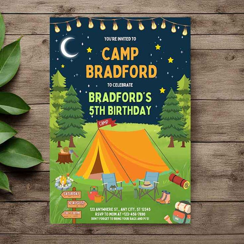 Editable Camping Birthday Invitation, Adventure Forest Camping Party ...