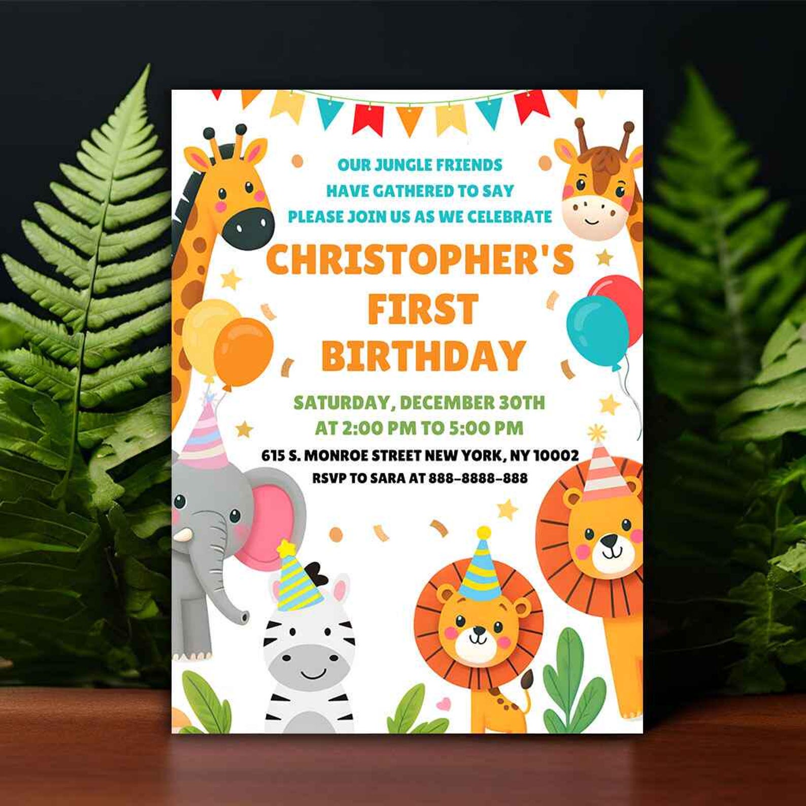 Editable Party Animals First Birthday Invitation, Safari Zoo Animals ...