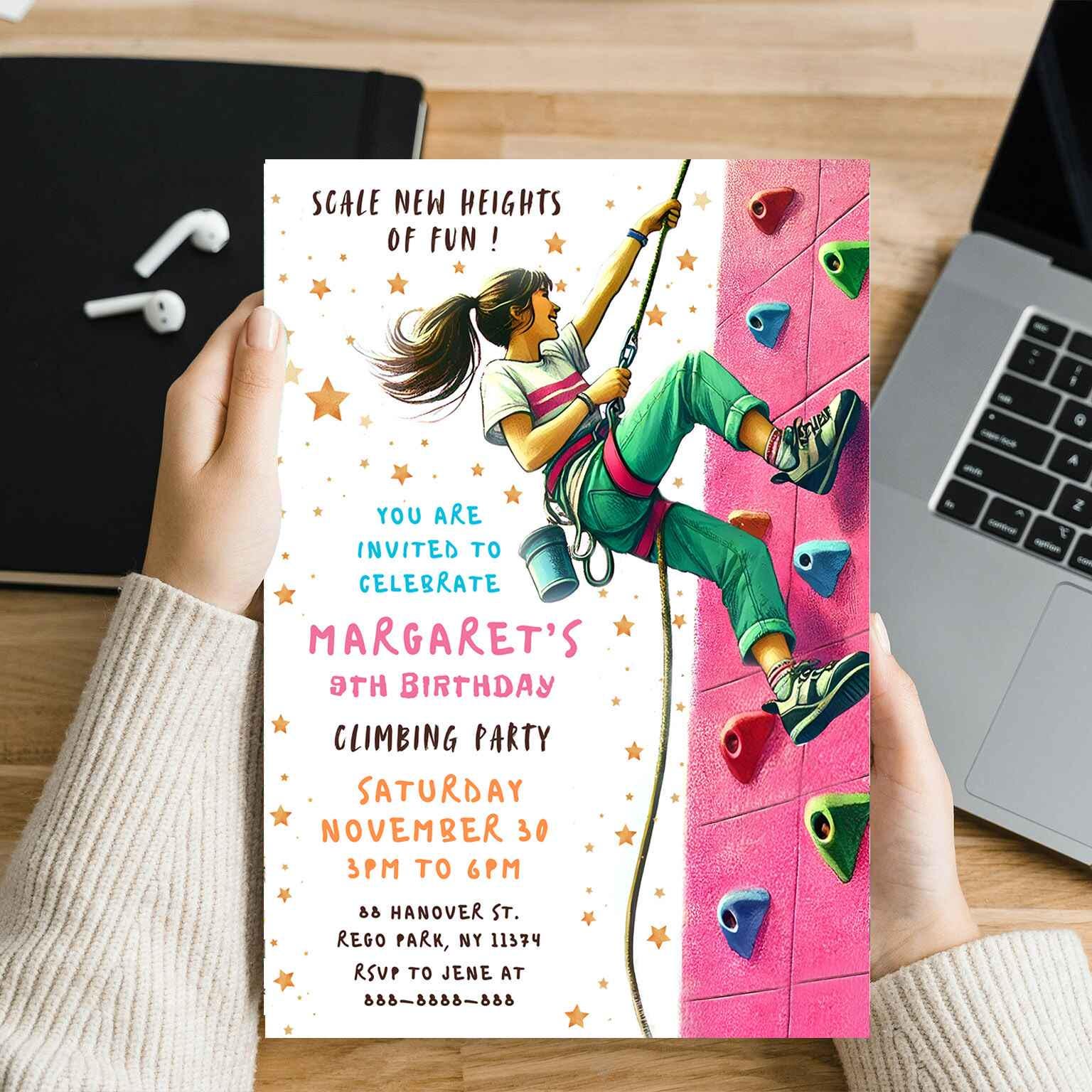 Editable Girls Rock Climb Invitation, Rock Climbing Birthday Invite ...