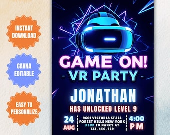 Virtual Reality Game Birthday Party Invitation Card Template, Digital ...