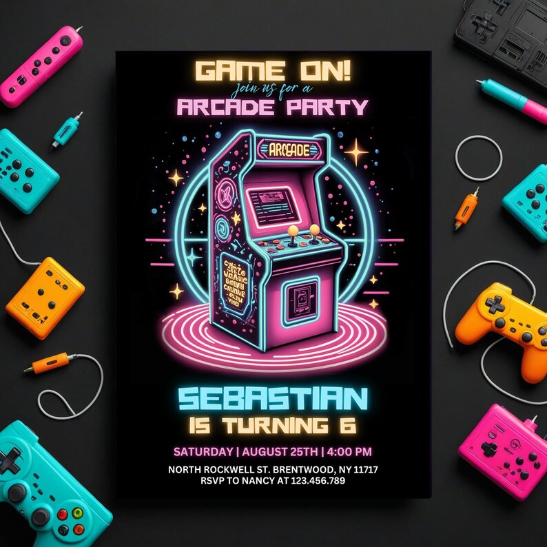 Editable Arcade Birthday Party Invitation, Girls Gaming Arcade Neon ...