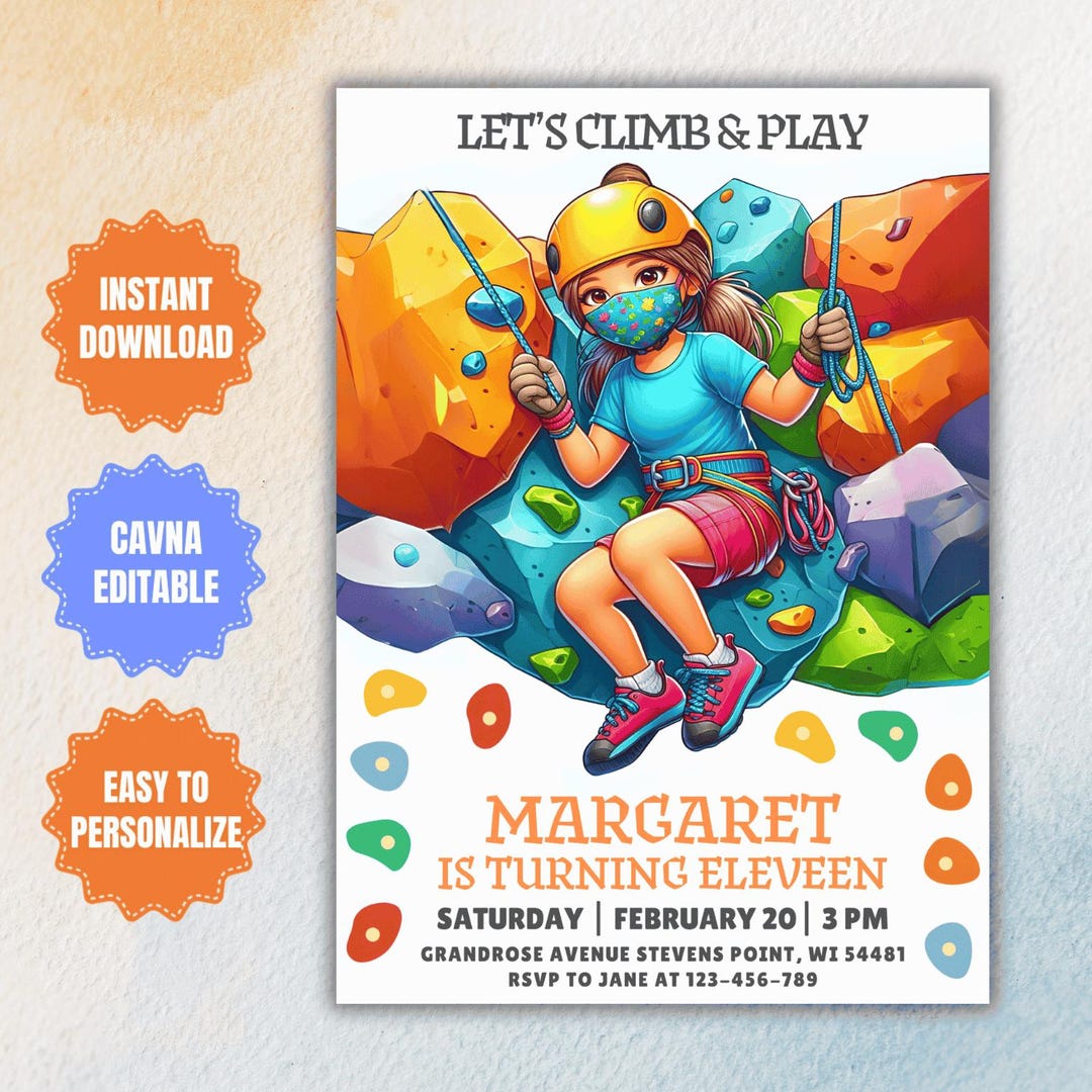 Editable Girls Rock Climb Invitation, Rock Climbing Birthday Invite ...