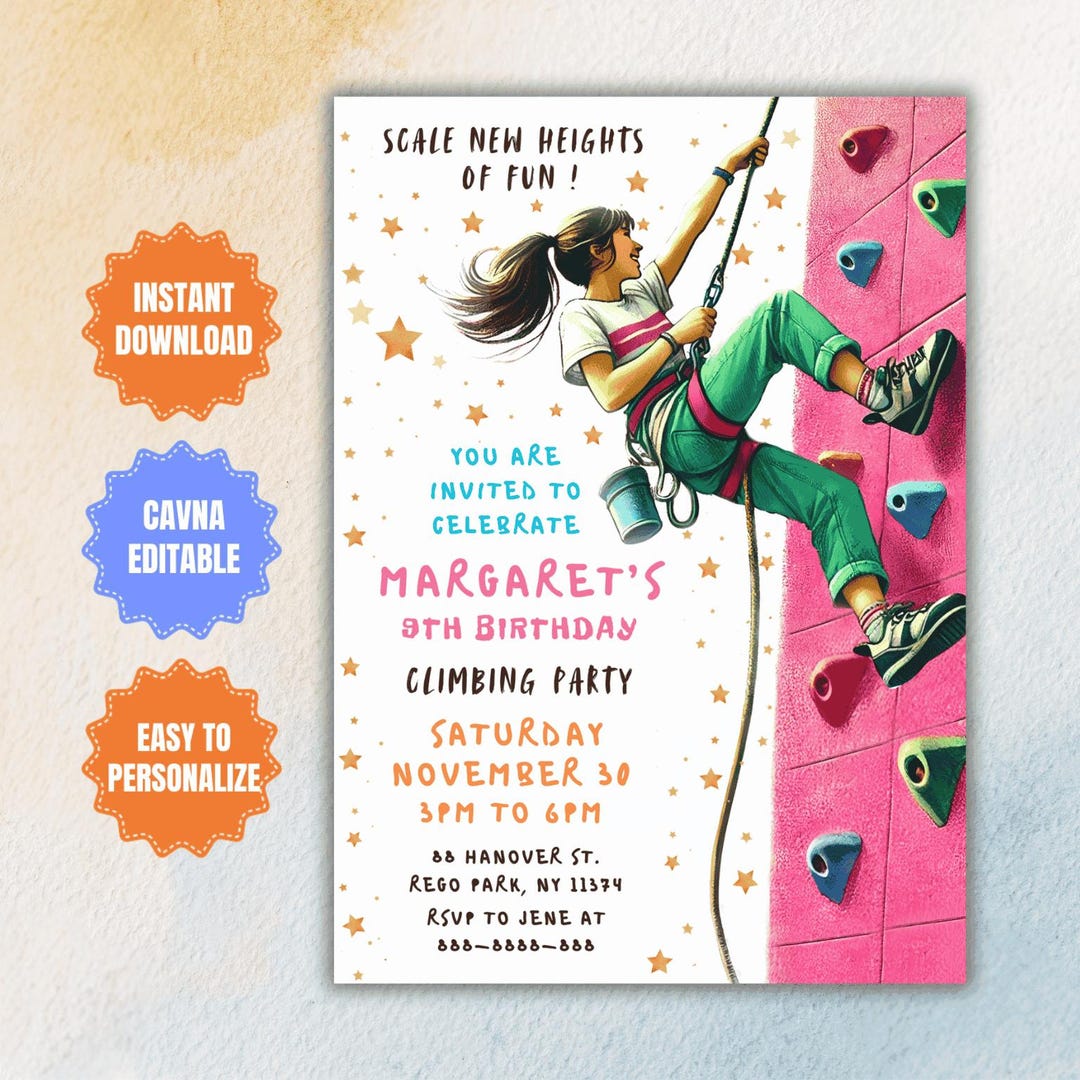 Editable Girls Rock Climb Invitation, Rock Climbing Birthday Invite ...