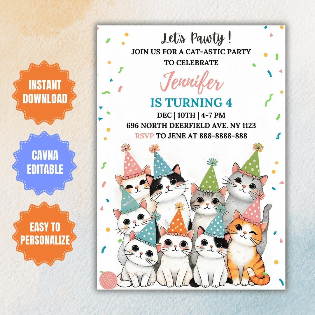 Editable Cat Invitation, Cute Cats Birthday Invite, Digital Kitty Cat ...