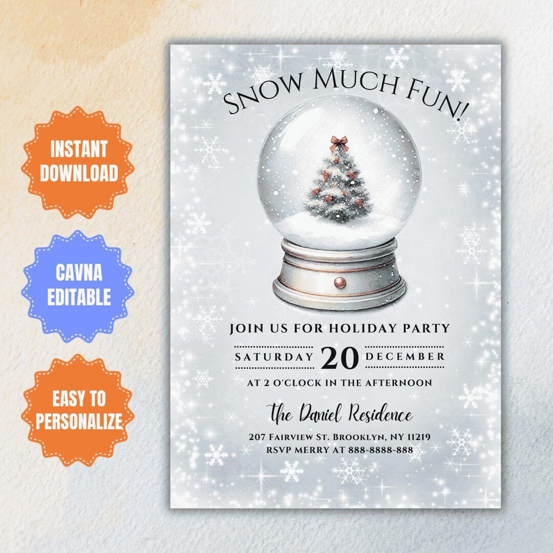 Editable Snowglobe Christmas Party Invitation, Snow Much Fun Watercolor ...