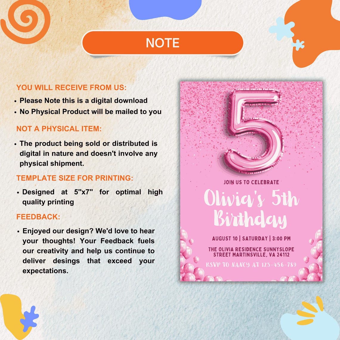 Editable Pink 5th Birthday Invitation Template Glitter Birthday Party ...
