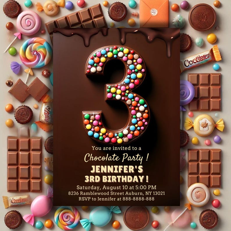 Editable Chocolate Party Invitation, Chocolate 3rd Birthday Invite ...