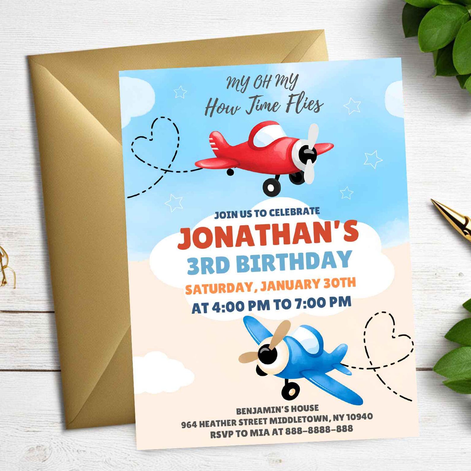 Editable Time Flies 3rd Birthday Invitation Template, Airplane 3rd ...