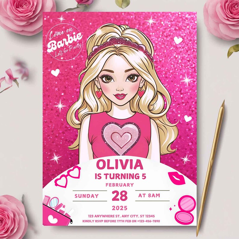 Editable Barbie Girl Birthday Party Invitation Fashion Doll Party ...
