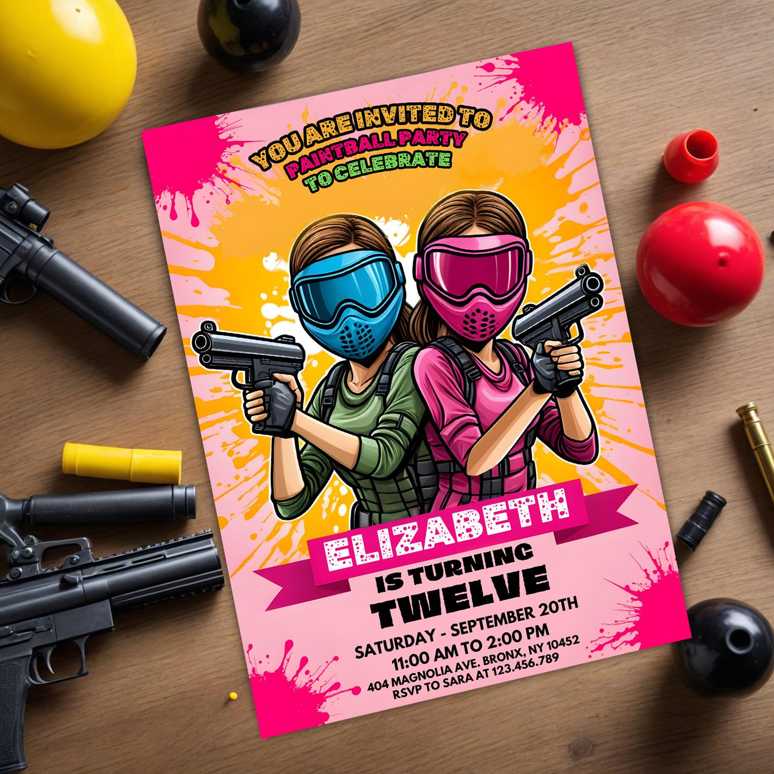 EDITABLE Paintball Birthday Invitation Template, Girls Paintball Theme ...