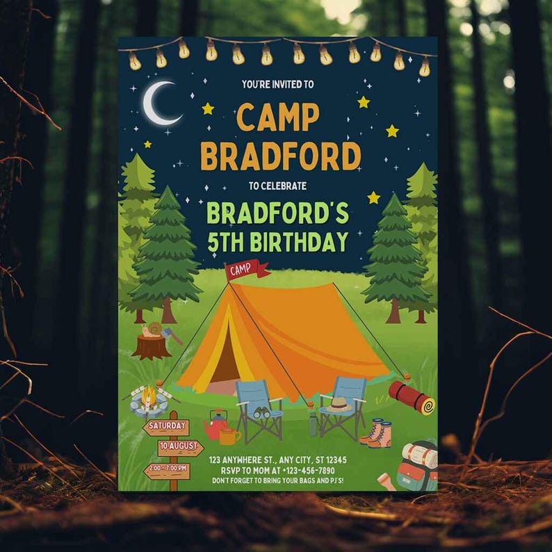 Editable Camping Birthday Invitation, Adventure Forest Camping Party ...