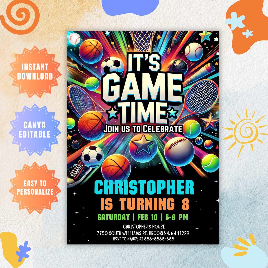 Editable Sports Birthday Invitation, Sport Theme Invite, Its Game Time ...