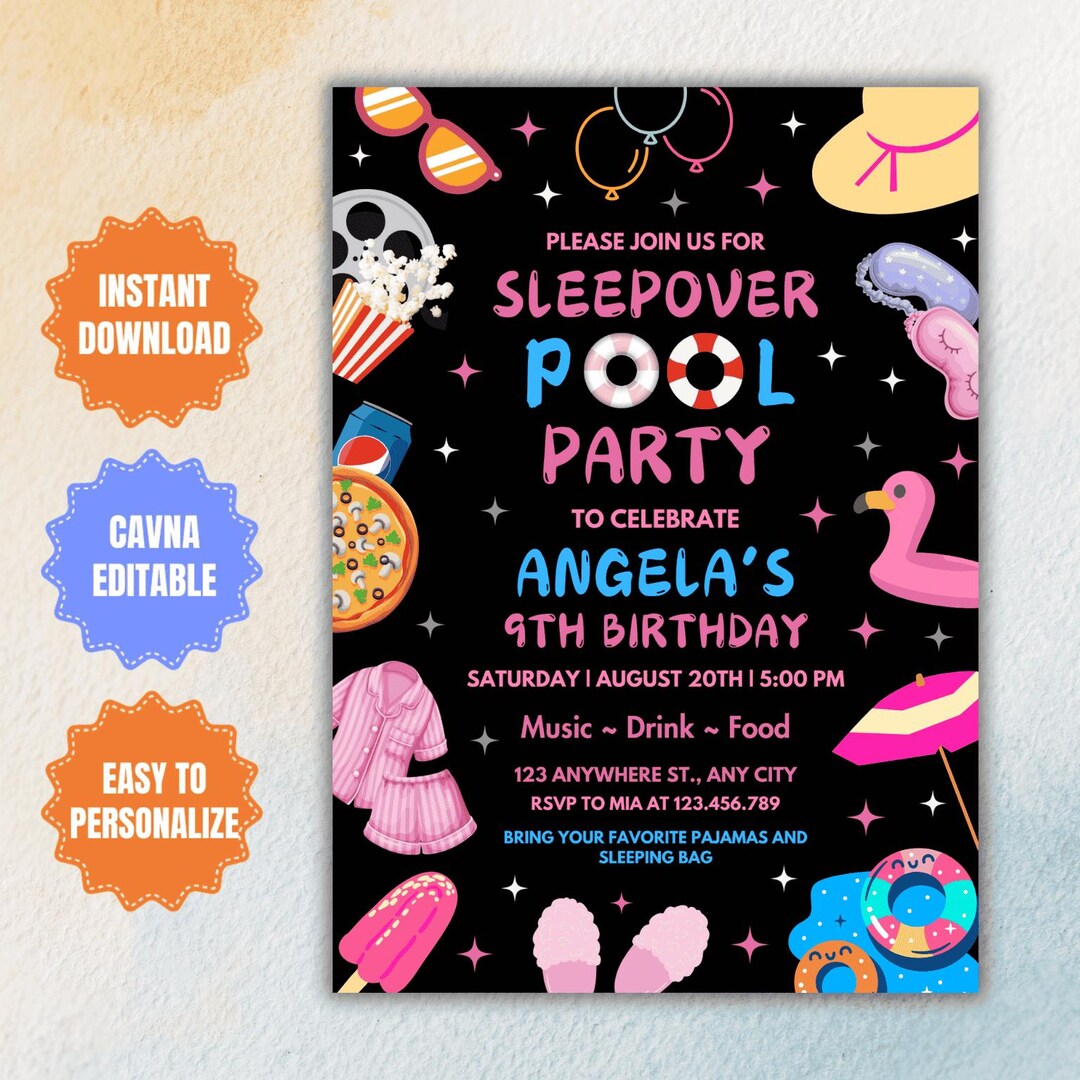 Editable Sleepover Pool Party Invitation Template (instant Download) - Etsy
