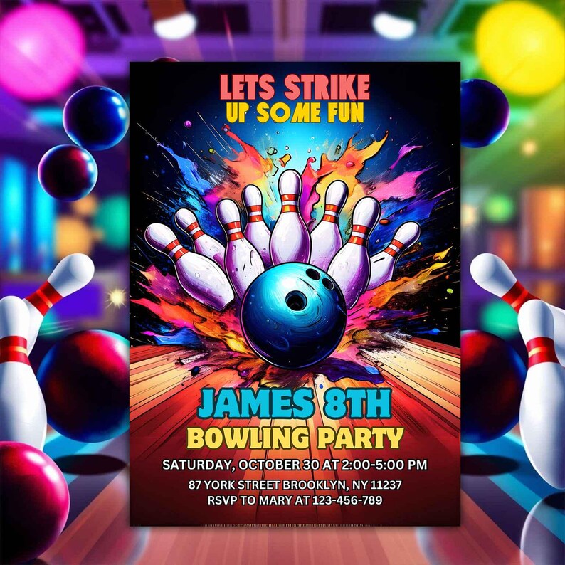 Editable Bowling Birthday Party Invitation Template (instant Download ...