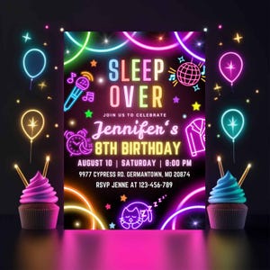 Editable Sleepover Birthday Invitation: Retro Neon Design (instant ...