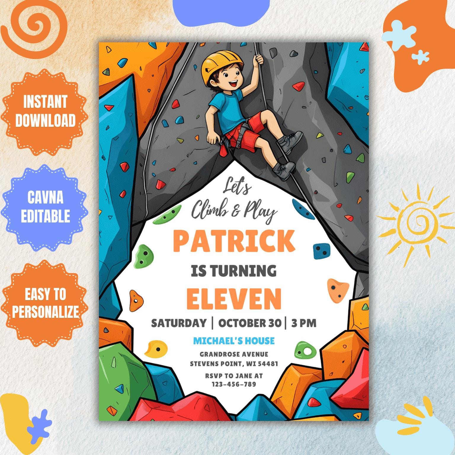 Editable Rock Climbing Birthday Invite, Indoor Climbing Wall Invite ...