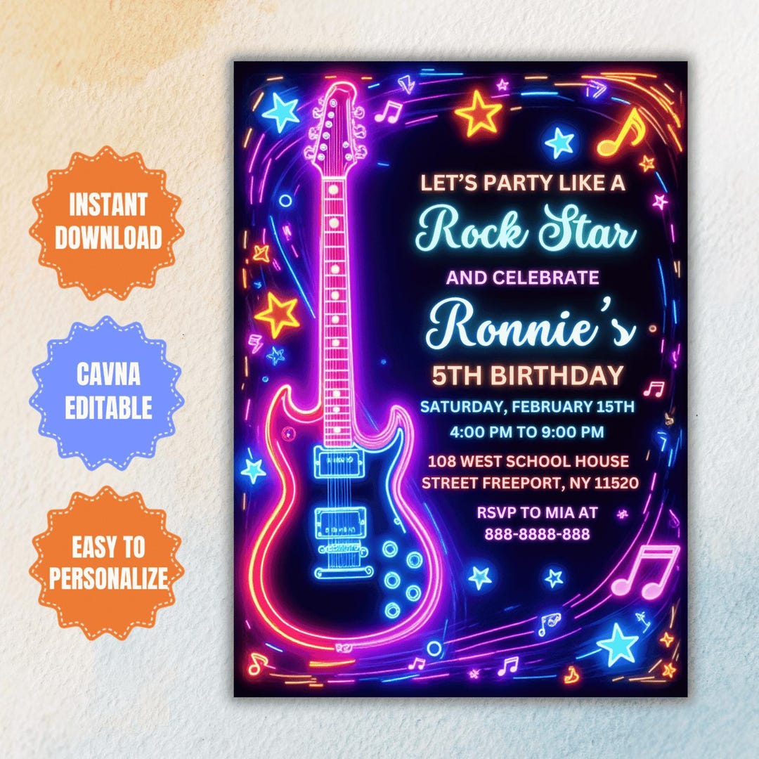 Rock Star Birthday Invitation: Neon Glow Party, Editable Template ...