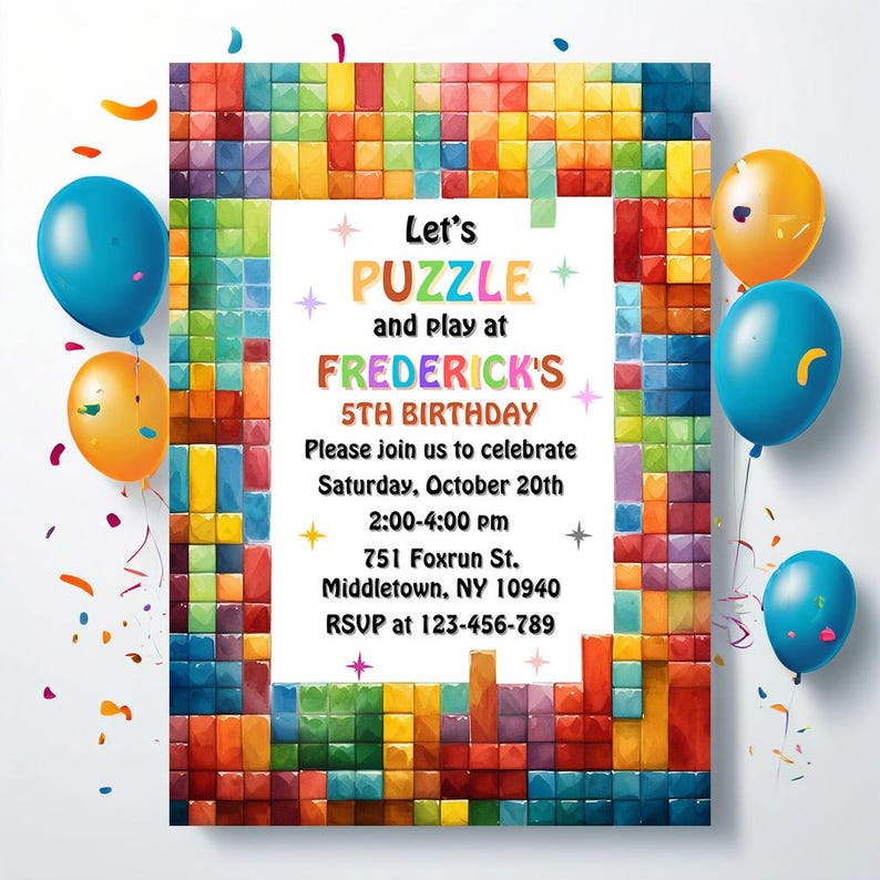 Editable Block Puzzle Birthday Invitation, Block Puzzle Theme ...
