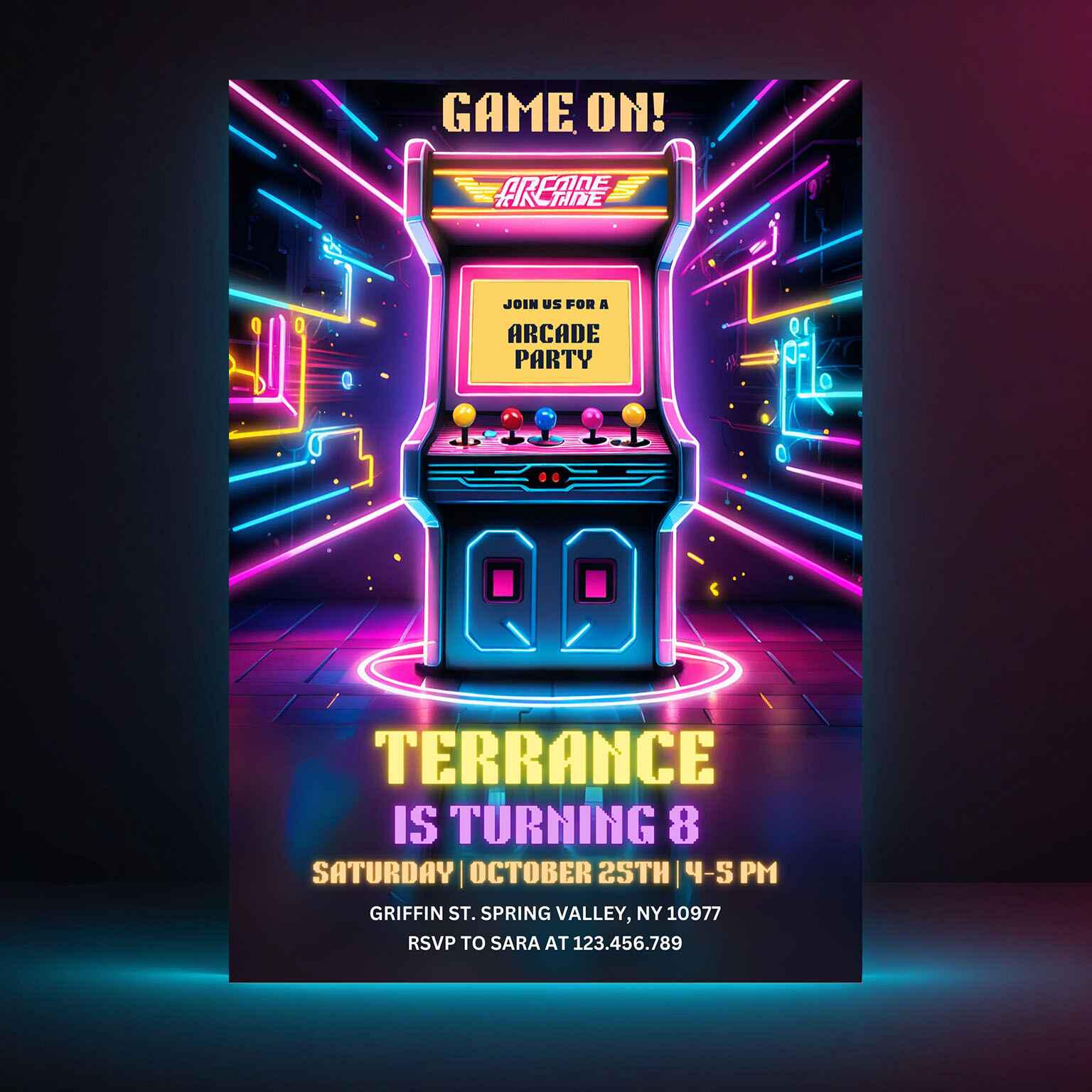 Editable Arcade Birthday Party Invitation, Arcade Party Invite, Glow ...