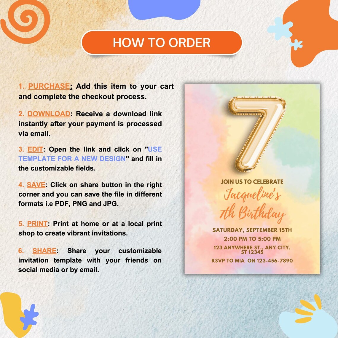 Editable 7th Birthday Invitation Template, 7th Birthday Party Girls ...