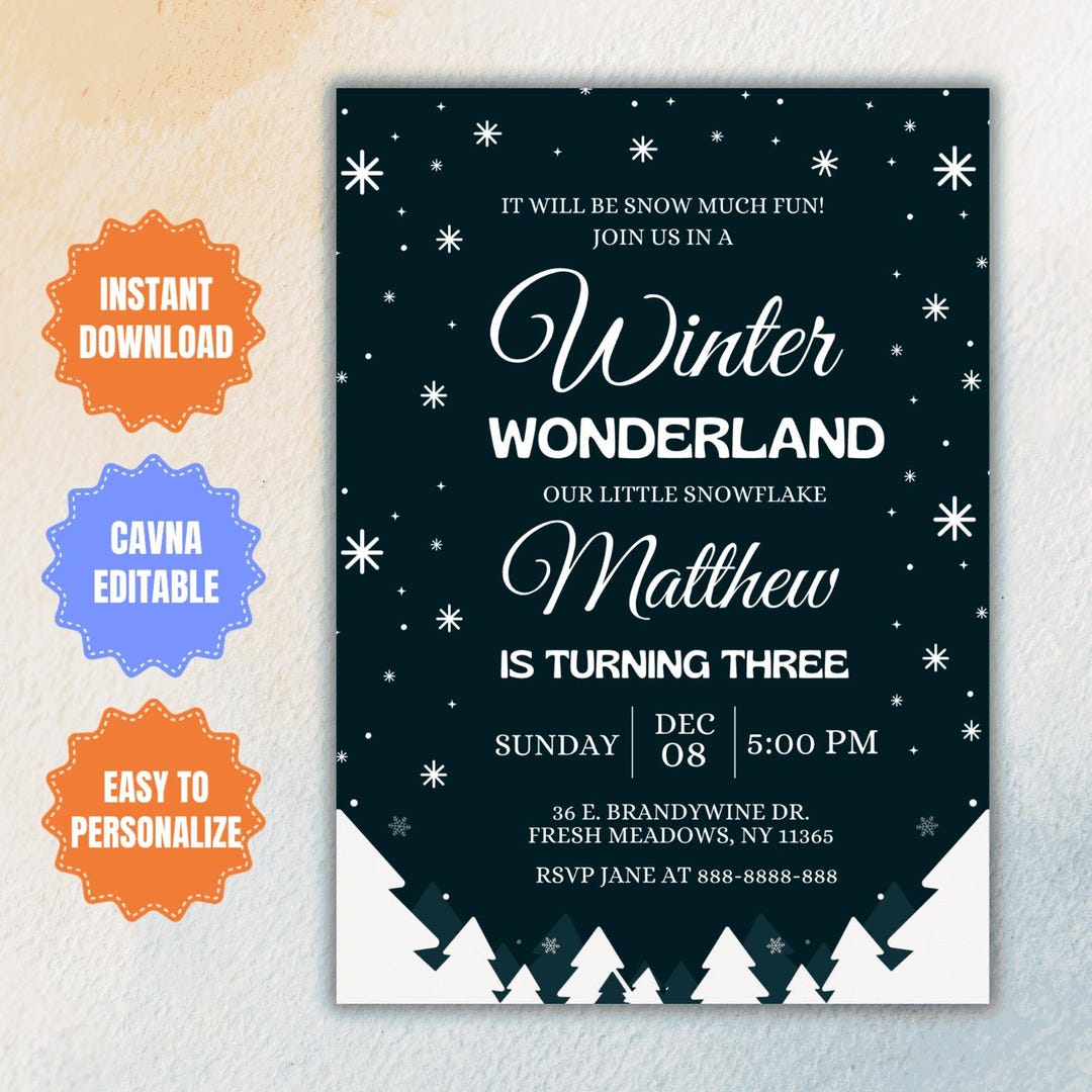 Editable Winter Wonderland Birthday Party Invitation, Frozen Invite ...