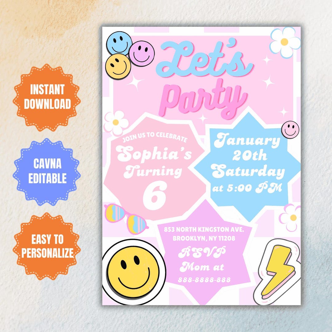 Checkered Smiley Face Birthday Invitation: Retro Groovy Party (editable ...