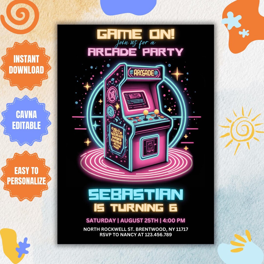 Editable Arcade Birthday Party Invitation, Girls Gaming Arcade Neon ...