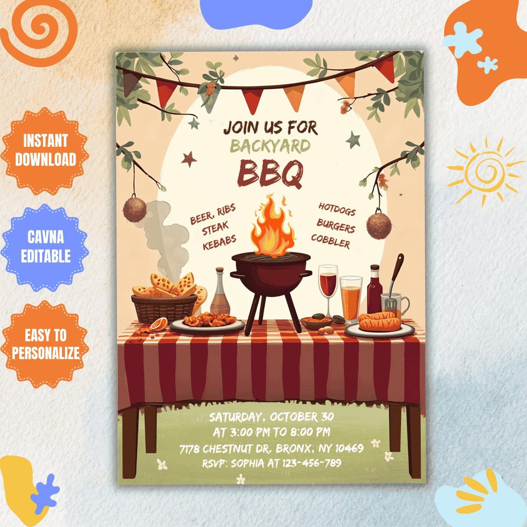 Editable BBQ Party Invitation Template: Backyard Grill (digital ...