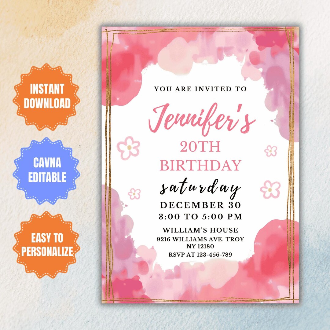 Editable Blush Pink Birthday Invitation Template, Girls Pink Gold ...