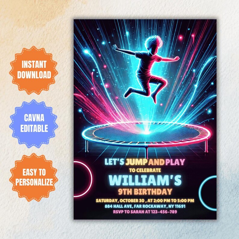 Editable Jump Birthday Party Invitation, Neon Boys Lets Jump Party ...