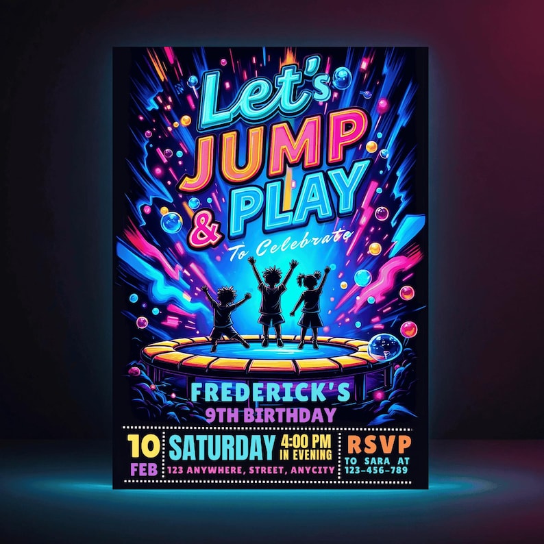 Glow Trampoline Birthday Invitation: Neon Bounce House Party (instant ...