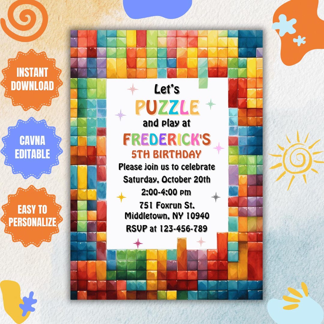 Editable Block Puzzle Birthday Invitation: Building Blocks Theme ...