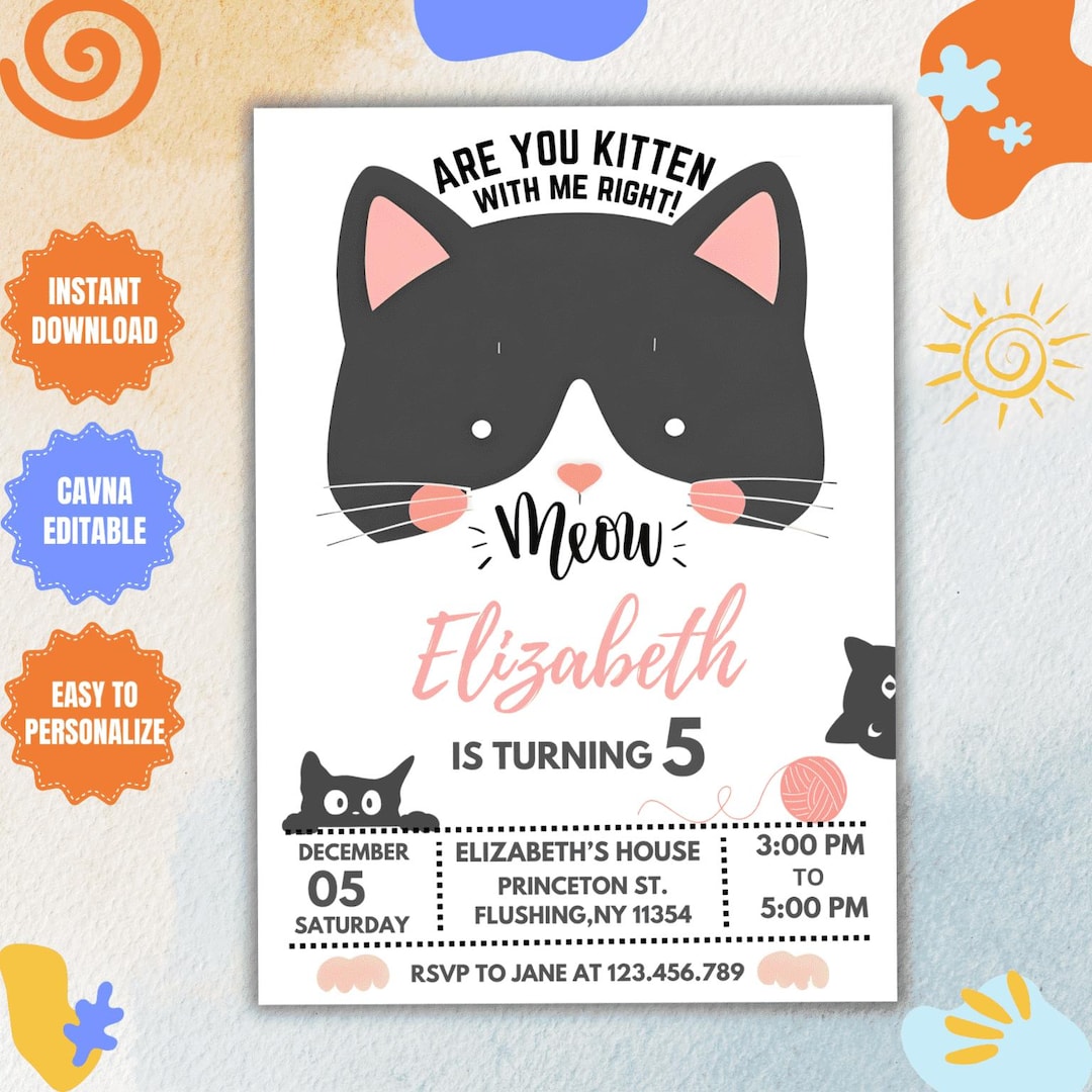 Editable Kitty Birthday Invitation: Kitten Party Invite (digital ...