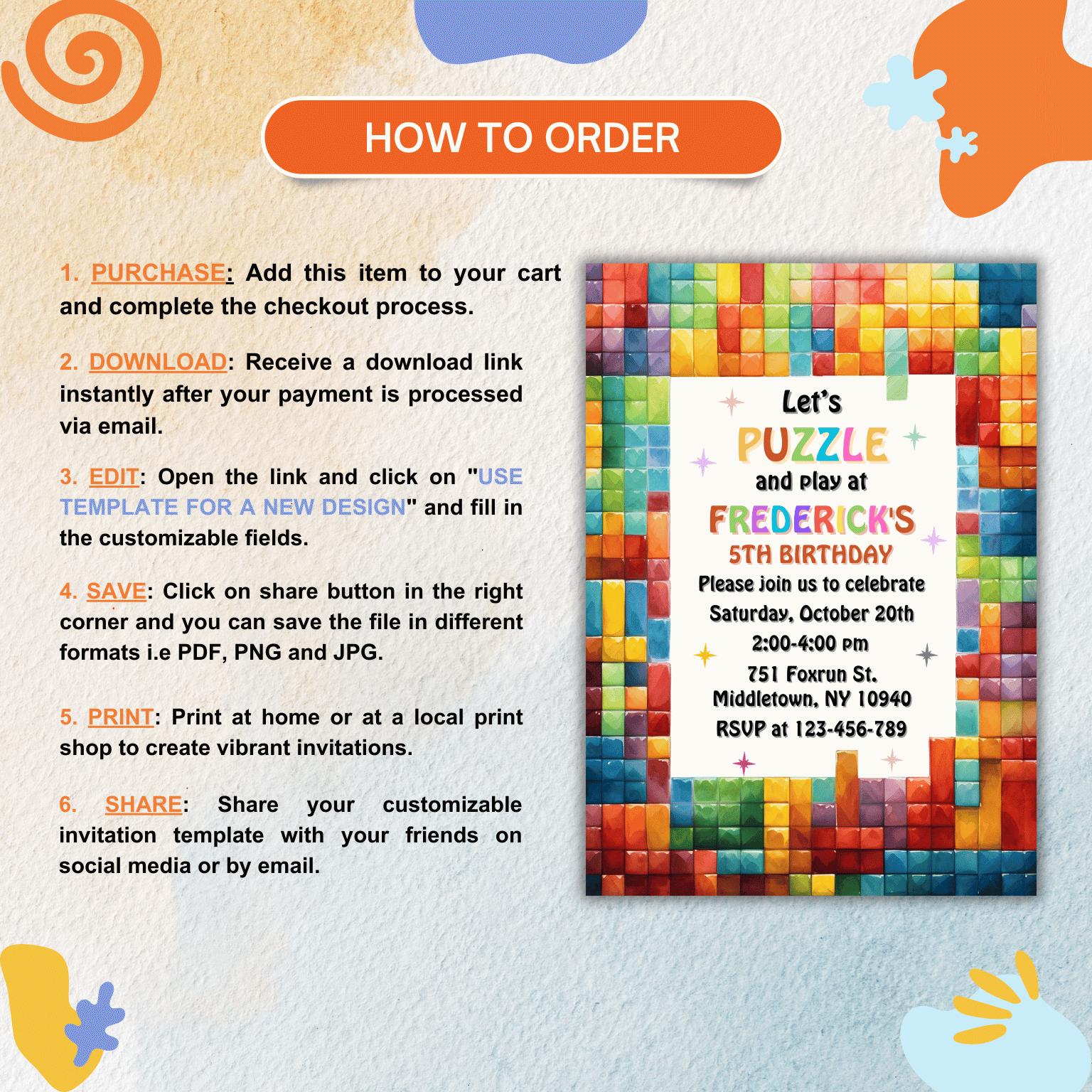 Editable Block Puzzle Birthday Invitation, Block Puzzle Theme ...